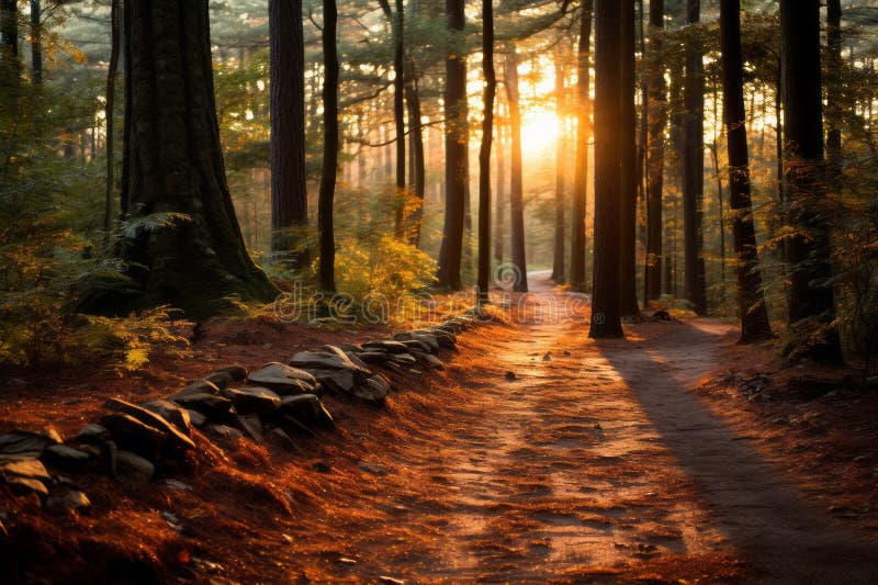 The Sun is Setting in the Forest Stock Illustration - Illustration of ...