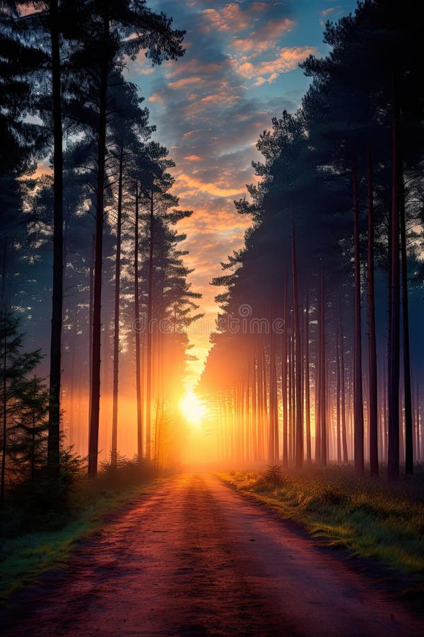 Sun Setting in Forest stock illustration. Illustration of shadows ...