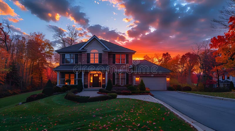 Sun Setting on the Horizon Behind a House, AI-generated. Stock ...