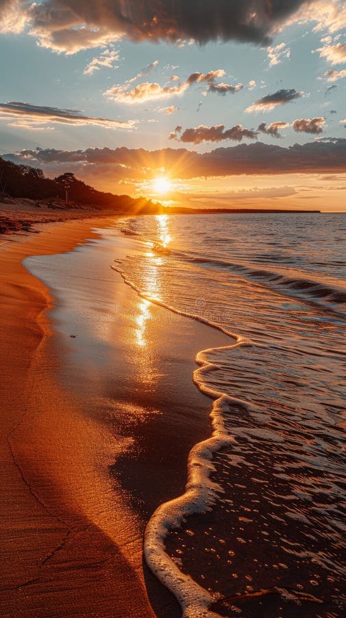 The Sun is Setting on the Horizon, Casting Warm Hues Across the Water ...