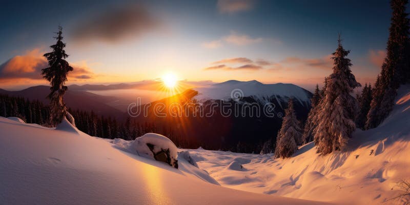 Sun Setting always a Horizon in the Winter Mountains Stock Illustration ...