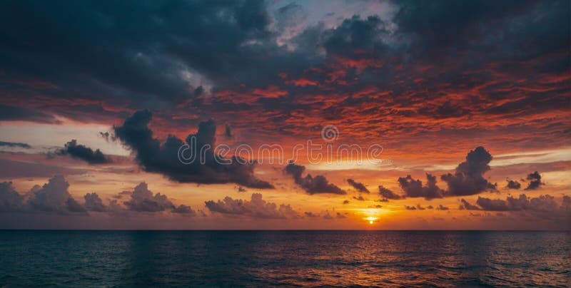 Sun Setting Over Ocean with Clouds Stock Illustration - Illustration of ...