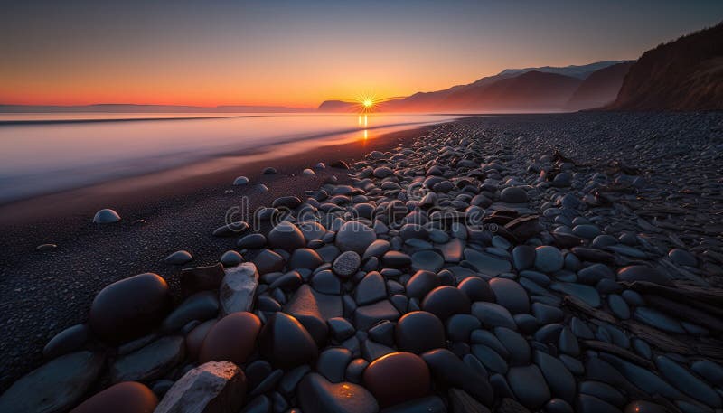 The Sun is Setting Over the Beach with Rocks on it Stock Illustration ...
