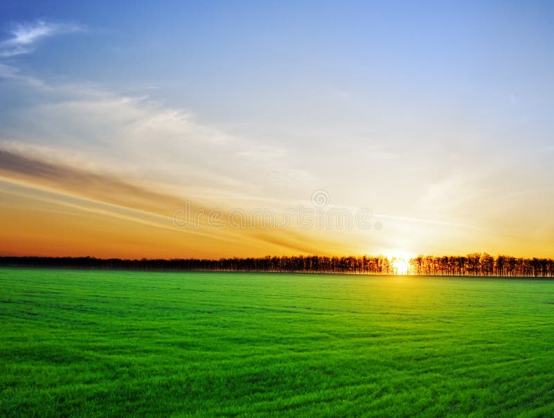 Sun Setting Over a Beautiful Landscape Stock Photo - Image of lawn ...