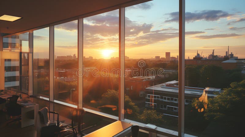 The Sun is Setting Over a City Outside of a Window.Window View from ...
