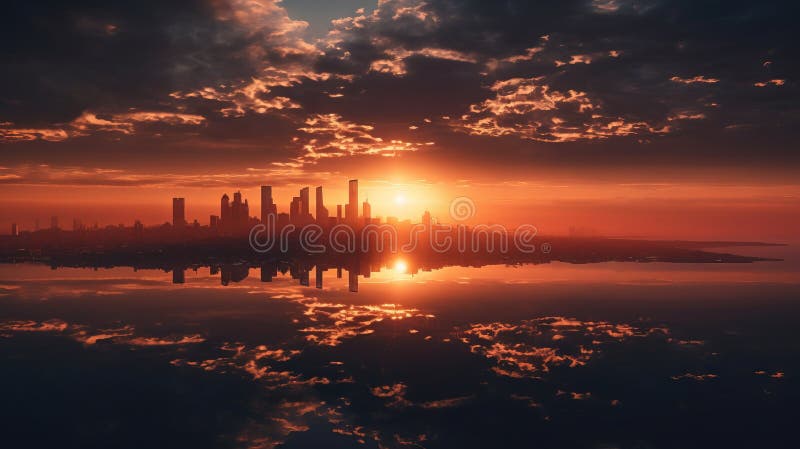 The Sun is Setting Over a City with a Reflection in the Water of the ...