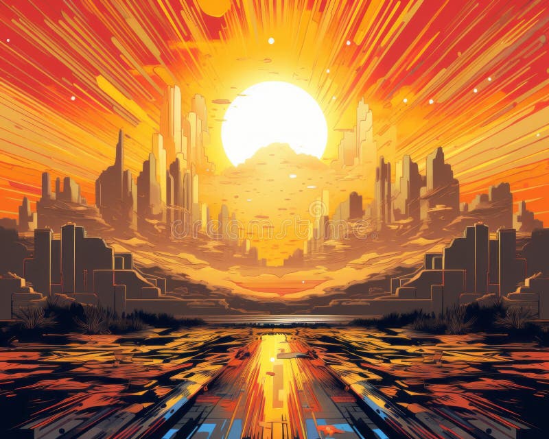 The Sun is Setting Over a City with a Road in Front of it Stock ...