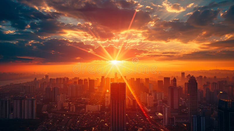 The Sun Setting Over a City Skyline with One Building Illuminated by a ...