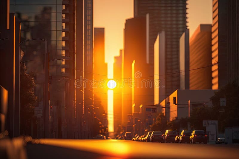 The Sun is Setting Over a City Street with Tall Buildings Stock ...