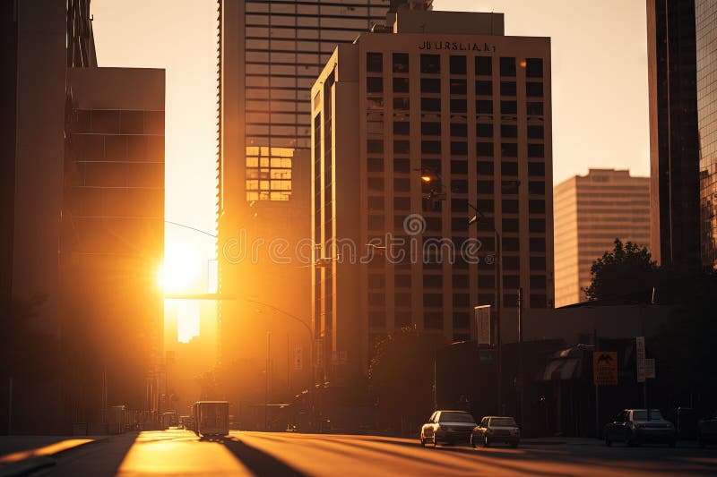 The Sun is Setting Over a City Street with Tall Buildings Stock ...