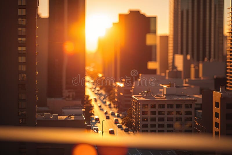 The Sun is Setting Over a City with Tall Buildings and Traffic Stock ...