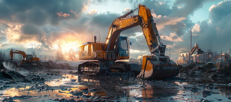 Sun Setting Over a Construction Site with Heavy Machinery and ...