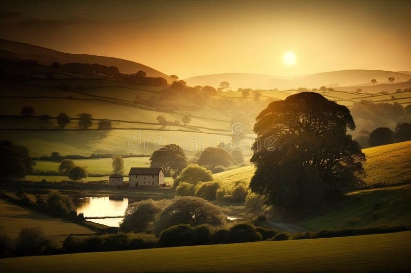 The Sun is Setting Over the Countryside with a Lake in the Foreground ...