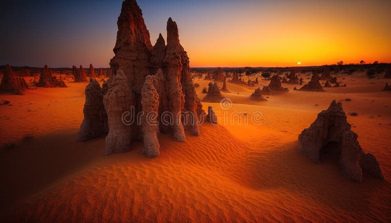 The Sun is Setting Over a Desert Landscape with Rock Formations ...