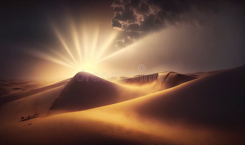 The Sun is Setting Over a Desert Landscape with Sand Dunes Stock ...