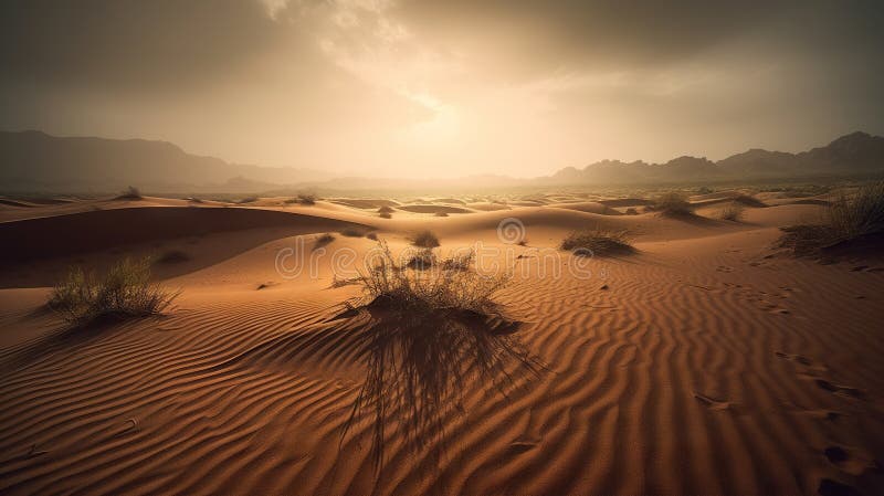 The Sun is Setting Over a Desert with Sand Dunes and Grass Stock ...