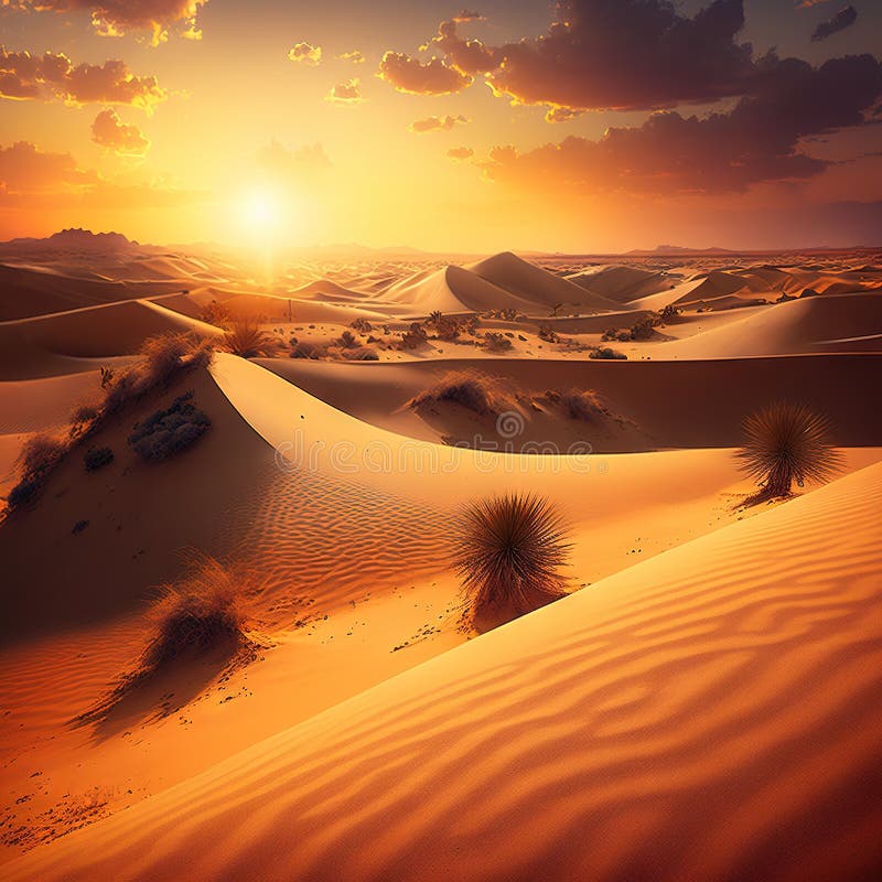 The Sun is Setting Over a Desert with Sand Dunes and Trees Stock ...