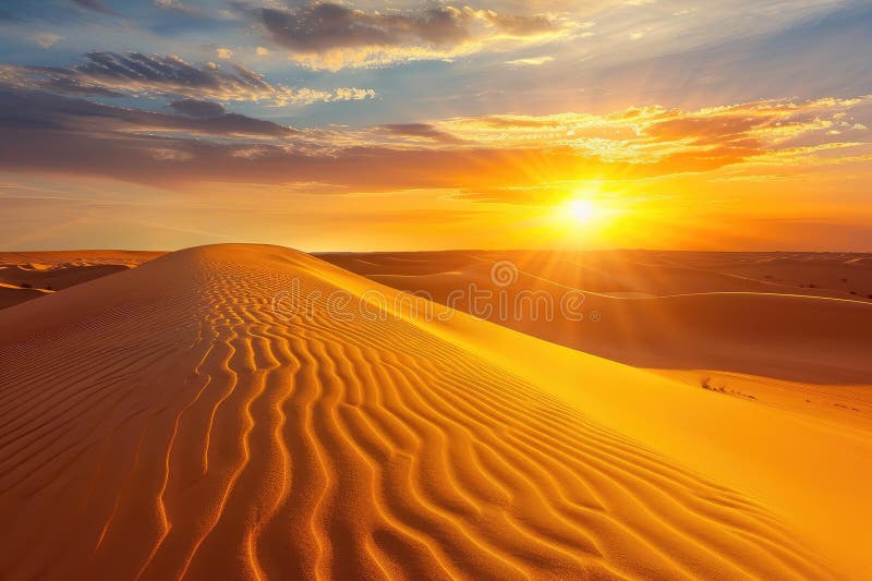 Sun Setting Over Endless Dunes Casting Warm Glow on Deserted Sleepy ...
