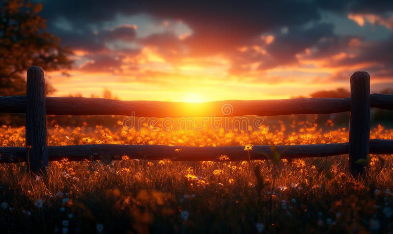 Sun Setting Over Field of Flowers Stock Photo - Image of plants, nature ...