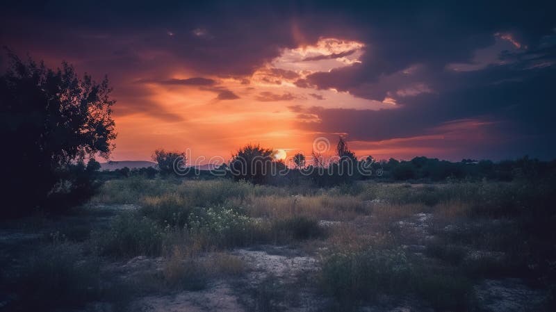 The Sun is Setting Over a Field of Grass and Trees Stock Illustration ...