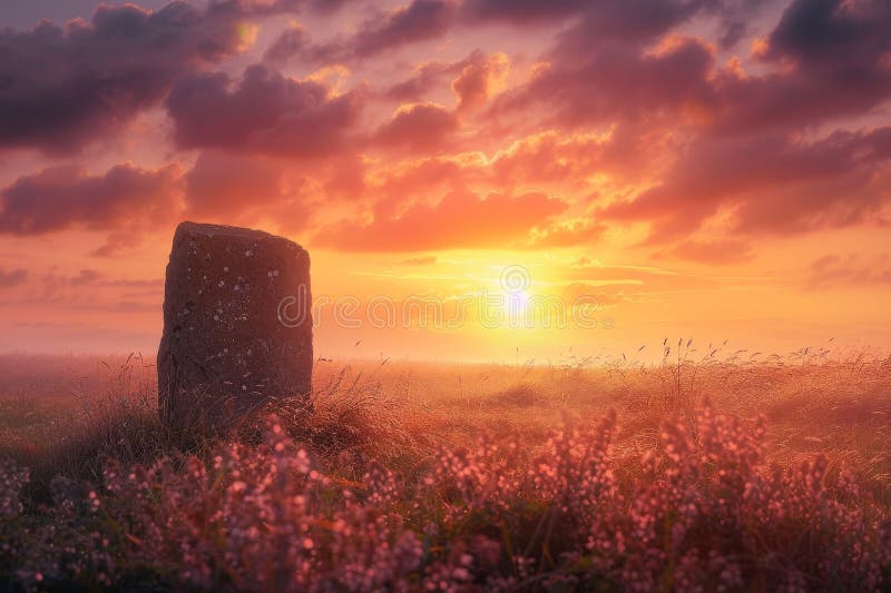Sun Setting Over a Field, Large Stone in Foreground, a Peaceful Image ...