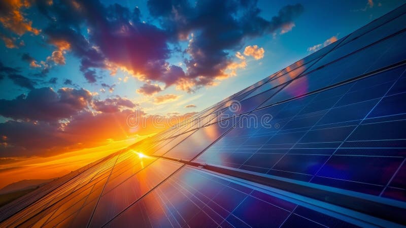 Sun Setting Over Field of Solar Panels Stock Image - Image of ...