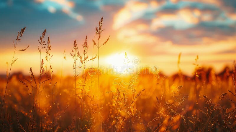 Sun Setting Over Field of Tall Grass Stock Image - Image of grass ...
