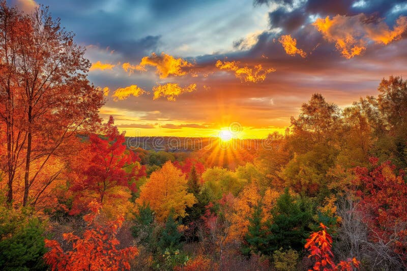 Sun Setting Over Forest with Colorful Changing Trees Stock Image ...