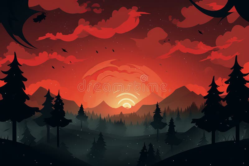 The Sun is Setting Over a Forest with Trees and Mountains in the ...