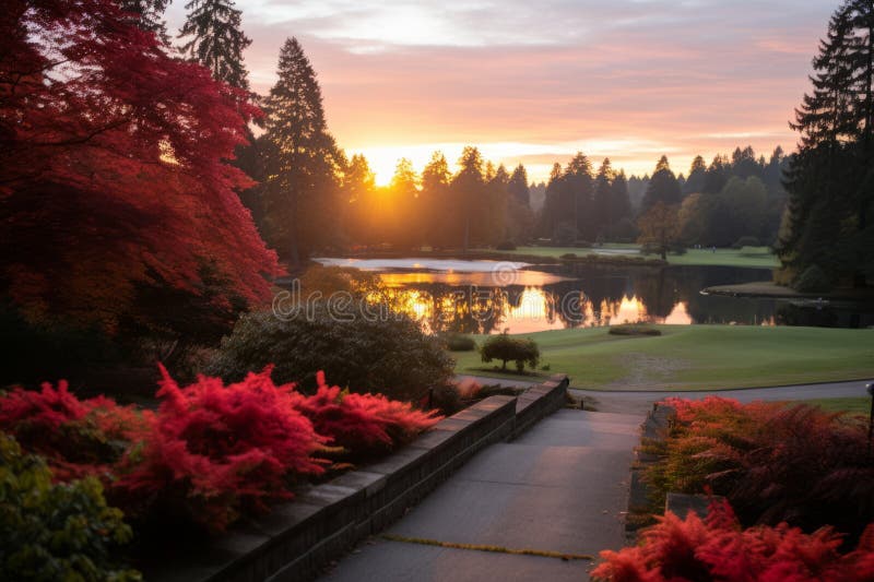 The Sun is Setting Over a Golf Course Surrounded by Trees Stock ...