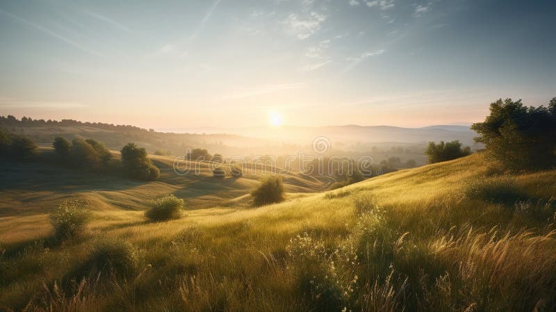 The Sun is Setting Over a Grassy Hill with Trees and Hills in the ...