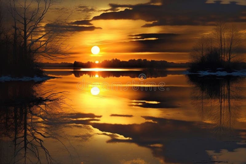 Sun Setting Over a Lake, with Reflections of the Amber Sky on the Water ...