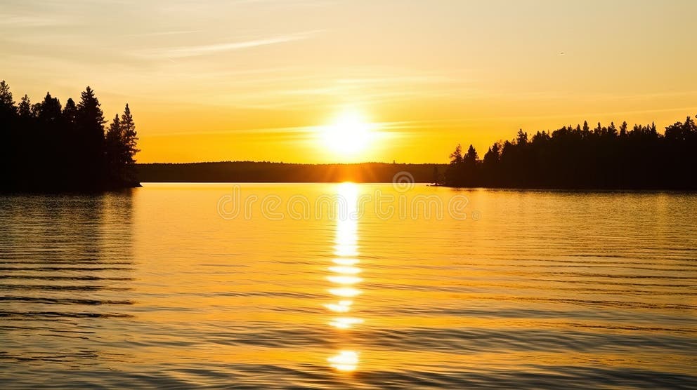 The Sun is Setting Over a Lake with Trees in the Background Stock ...