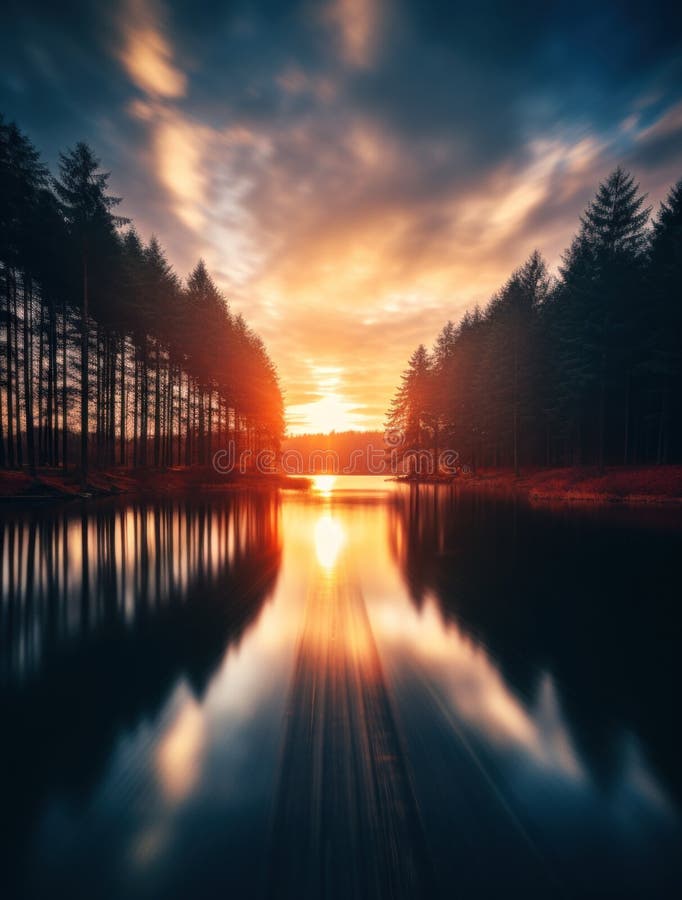 The Sun is Setting Over a Lake with Trees in the Background. Generative ...