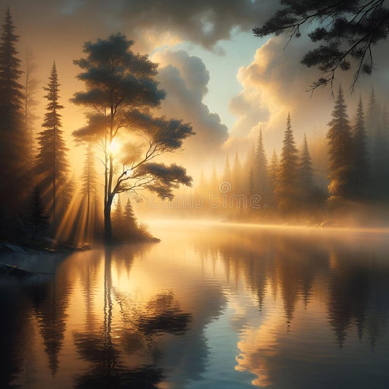 Sun Setting Over the Lake and Trees in Front of it Stock Illustration ...