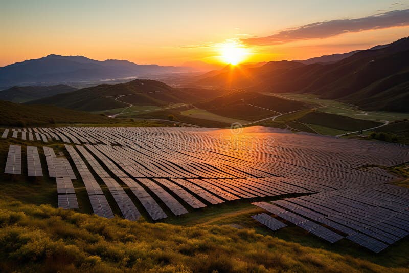 The Sun is Setting Over a Large Solar Farm Created with Generative AI ...