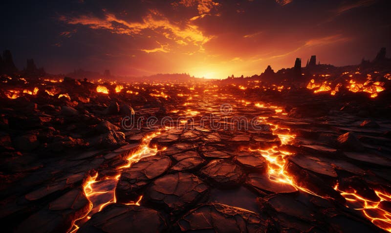 Sun Setting Over Lava Landscape Stock Image - Image of volcanic ...