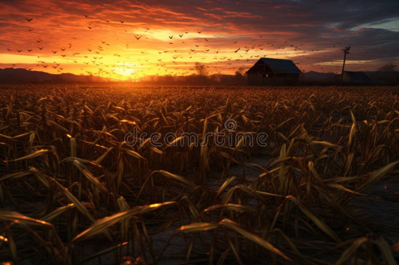 Sun Setting Over a Locust-infested Field Stock Image - Image of sunset ...
