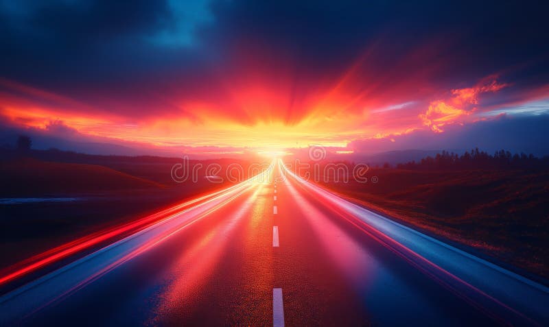 Sun Setting Over Long Highway. Generative AI Stock Photo - Image of ...