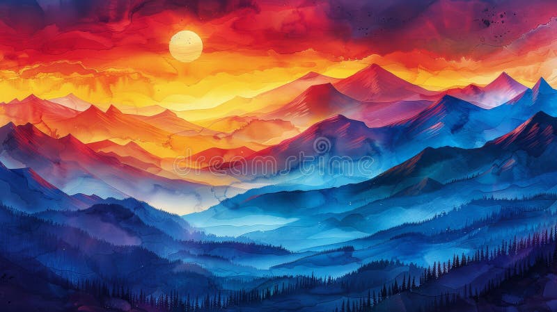 Sun Setting Over Mountain Range Stock Photo - Image of yellow, valleys ...
