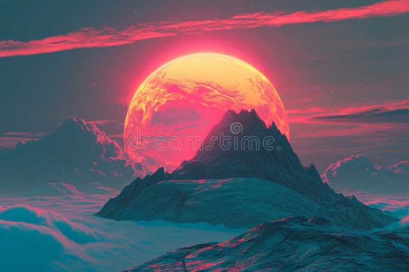 The Sun Setting Over a Mountain Range, Futuristic, Abstract ...