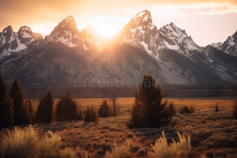 The Sun is Setting Over a Mountain Range. Generative AI Image. Stock ...