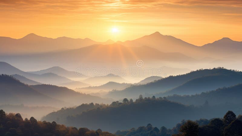 The Sun is Setting Over a Mountain Range, Misty Mountains on a Sunset ...