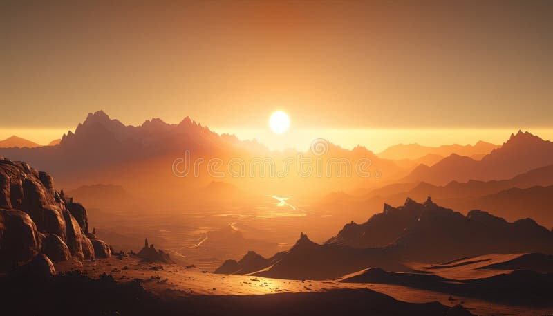 The Sun is Setting Over a Mountain Range with a Mountain Range in the ...
