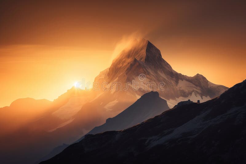 The Sun is Setting Over a Mountain Range with a Silhouette of a Person ...