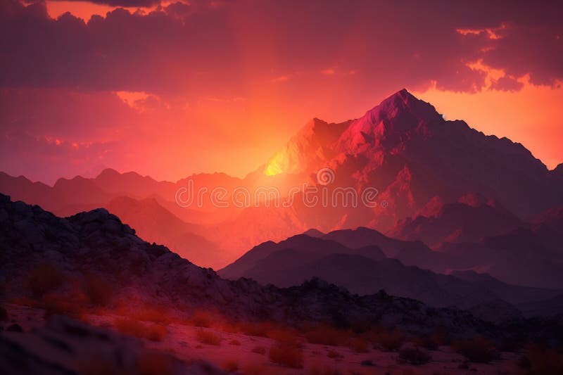 The Sun is Setting Over the Mountains in the Desert Area Stock ...