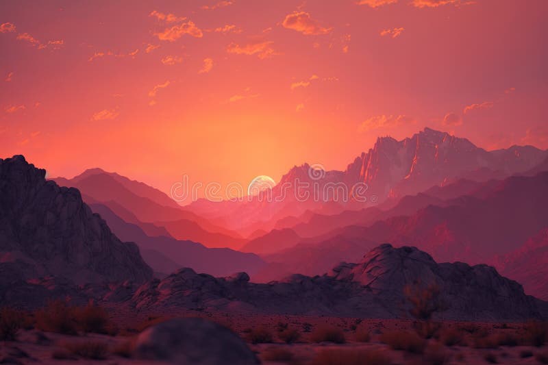 The Sun is Setting Over the Mountains in the Desert Area Stock Photo ...