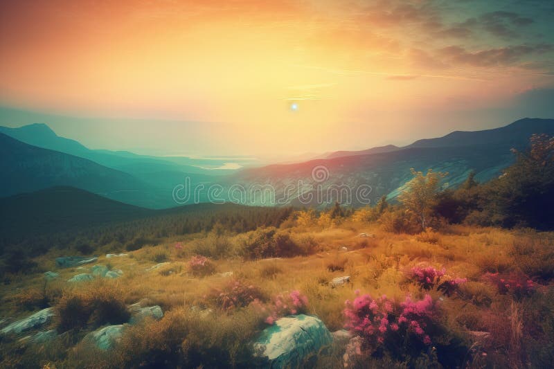 The Sun is Setting Over the Mountains and Hills in the Distance, with ...