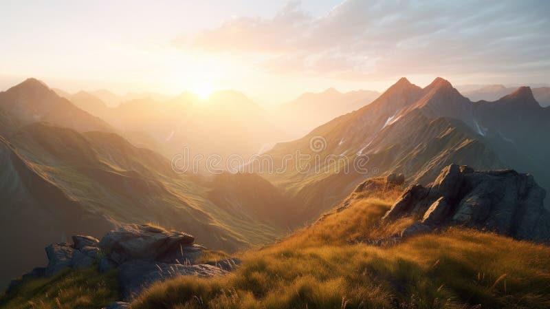 The Sun is Setting Over the Mountains in the Mountainside Stock ...