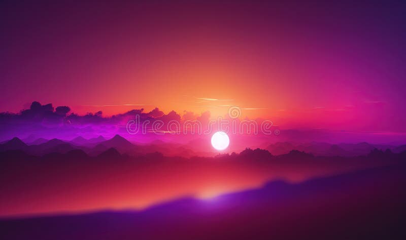 The Sun is Setting Over the Mountains in the Sky with a Pink and Purple ...